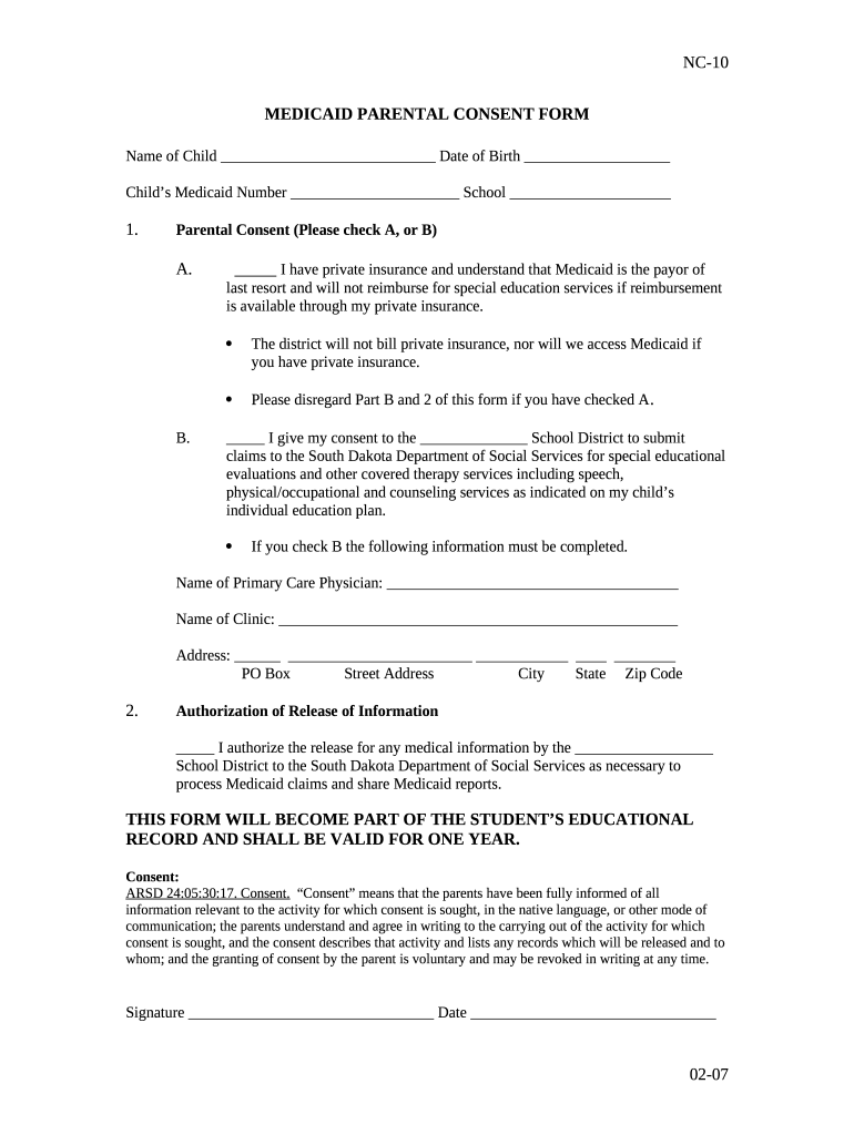 MEDICAID PARENTAL CONSENT - ncsec.k12.sd.us Doc Template | pdfFiller