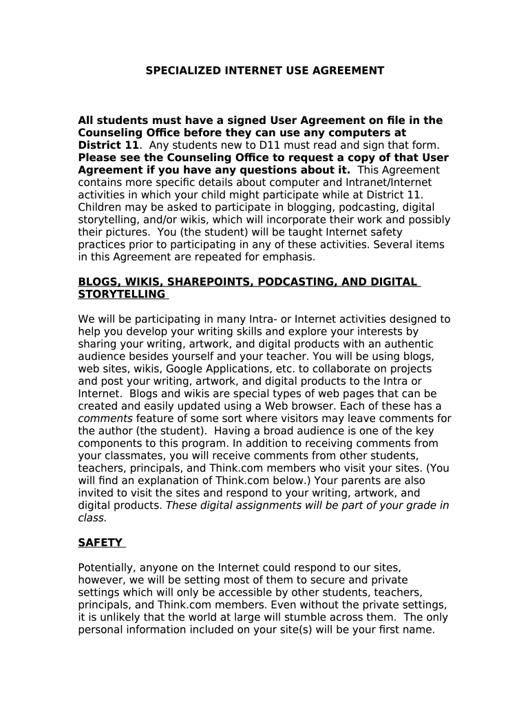 Student Use of the Internet Agreement Doc Template | pdfFiller