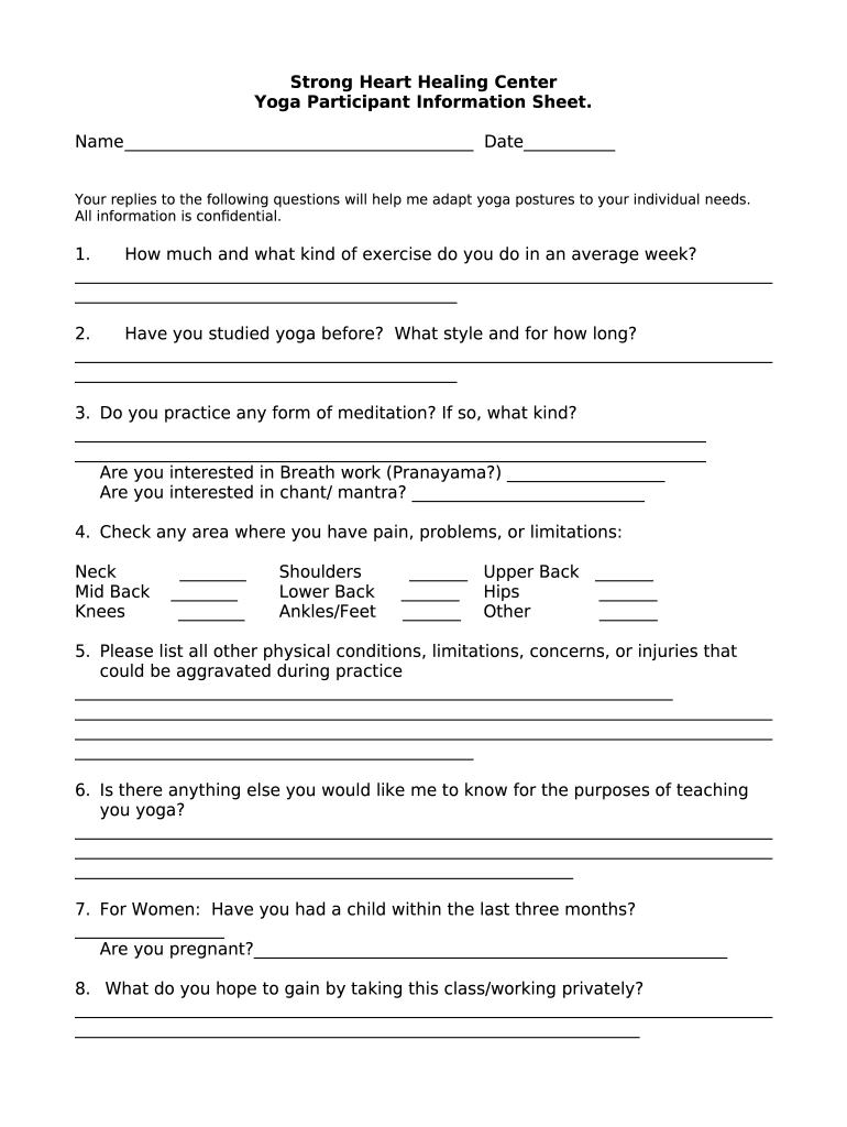 Jamuna Yoga Participant Ination Sheet Doc Template | pdfFiller
