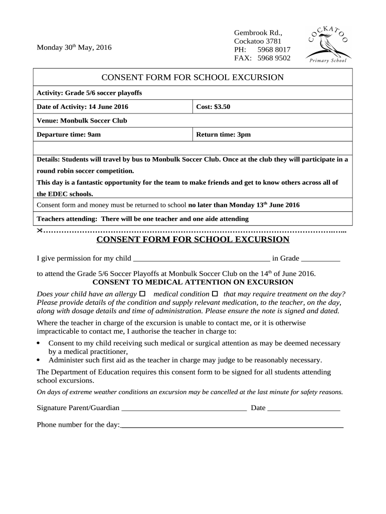 CONSENT FOR SCHOOL EXCURSION Doc Template | pdfFiller
