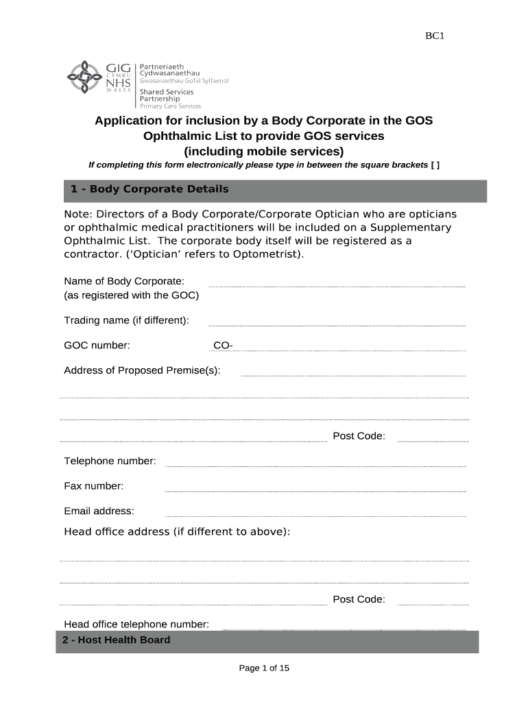 Application for inclusion by a Body Corporate in the GOS Ophthalmic ...