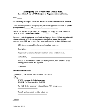 Emergency Use Notification to IRB-HSR Doc Template | pdfFiller