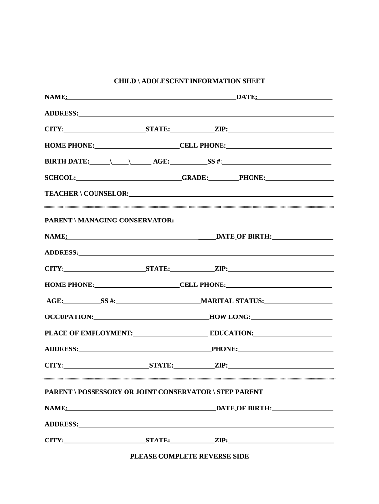 CHILD ADOLESCENT INATION SHEET Doc Template | pdfFiller