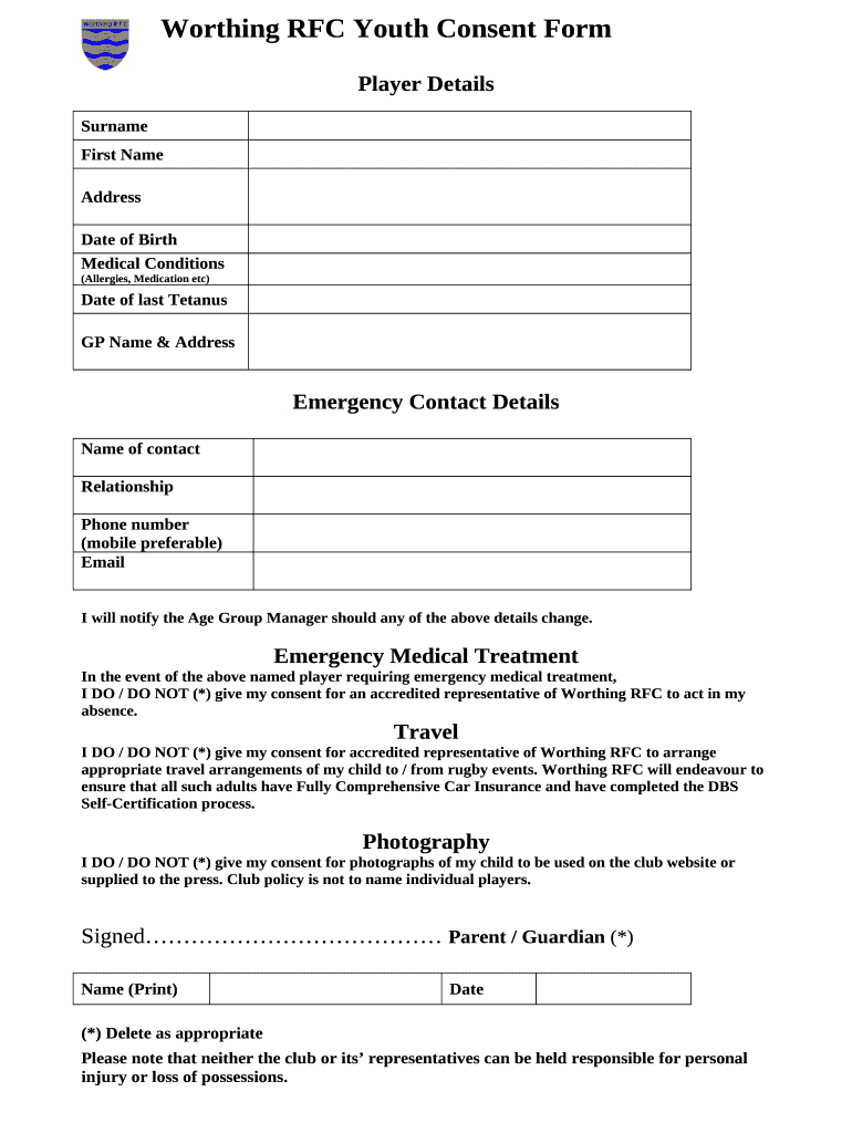 WORTHING RFC. 09-10 DOCUMENTS - Youth consent Doc Template | pdfFiller
