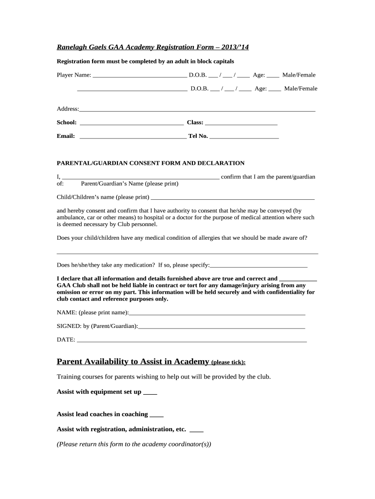 Ranelagh Gaels GAA Academy Registration - 2013/'14 Doc Template | pdfFiller