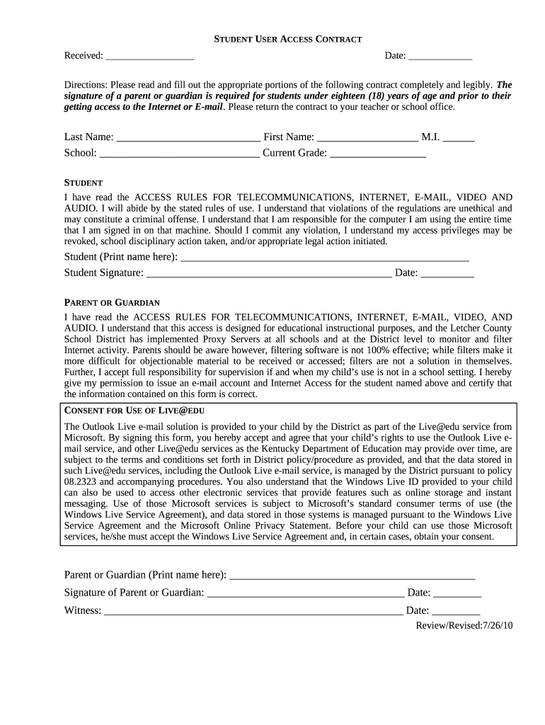 Student User Access Contract Doc Template | pdfFiller