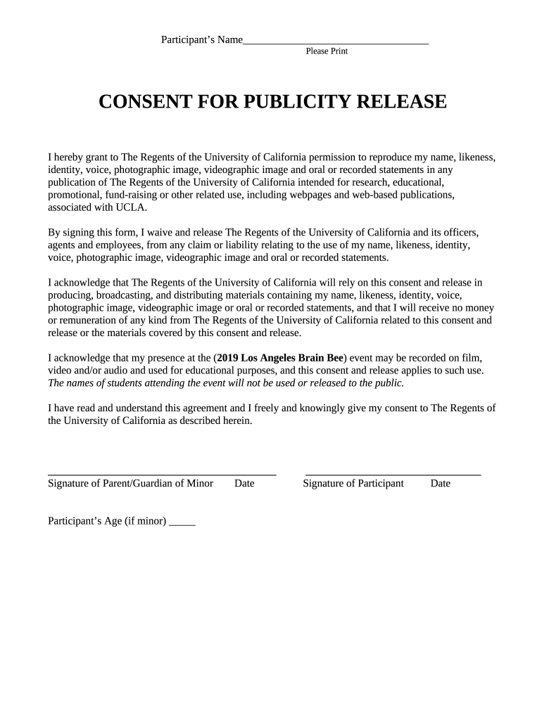 CONSENT FOR PUBLICITY RELEASE Doc Template | pdfFiller