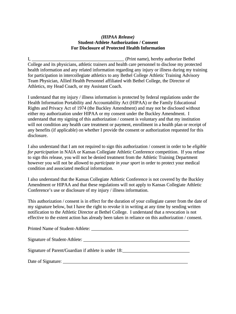 Student-Athlete Authorization / Consent Doc Template | pdfFiller