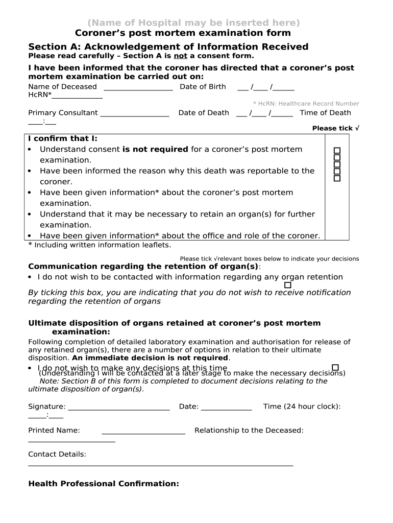 Model Coroners Post Mortem Examination s - HSE Doc Template | pdfFiller