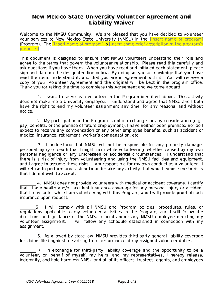 New Mexico State University Volunteer Agreement and Liability Waiver Doc Template | pdfFiller