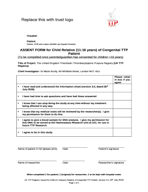 Assent child relative 11-16 years of congenital TTP patient - consent ...
