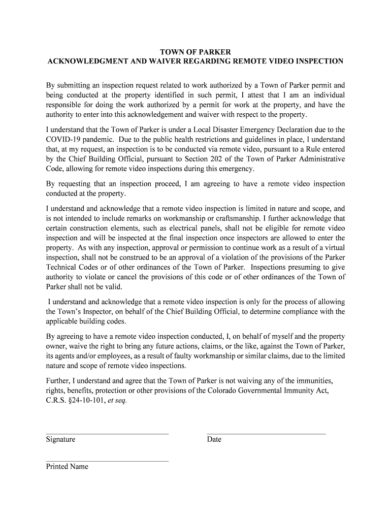 Fillable Online ACKNOWLEDGMENT AND WAIVER REGARDING REMOTE VIDEO ...