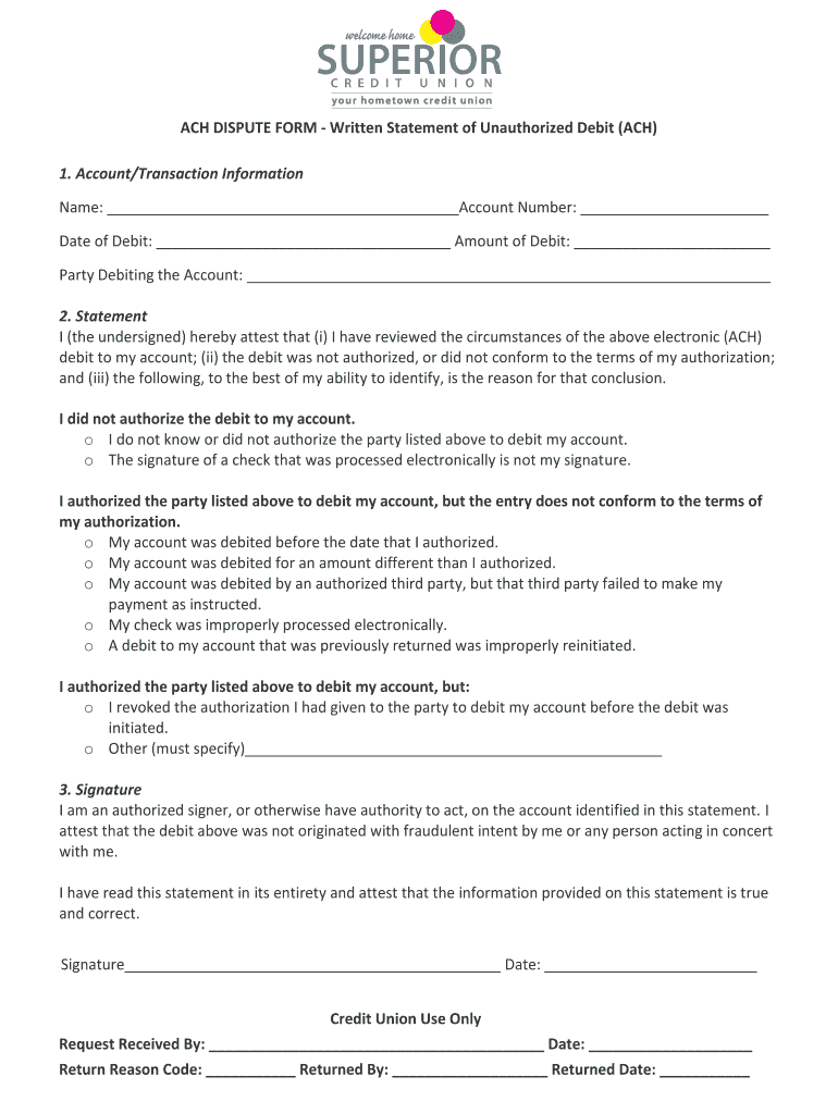 Fillable Online ACH DISPUTE FORM - Written Statement of Unauthorized ...