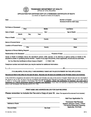 Fillable Online APPLICATION FOR CERTIFIED COPY OF A TENNESSEE ...