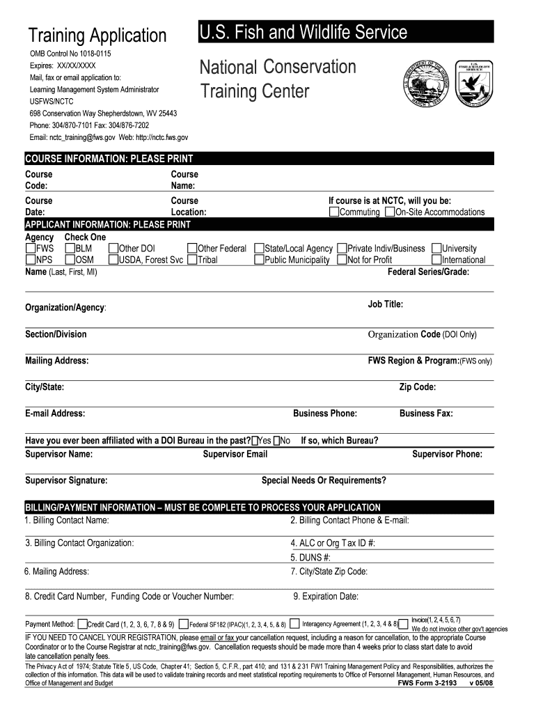 Fillable Online USFWS, NCTC Student Application Form. Application for ...
