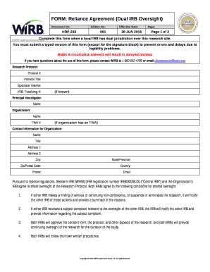 : Dual IRB Oversight Agreement - WIRB Doc Template | pdfFiller