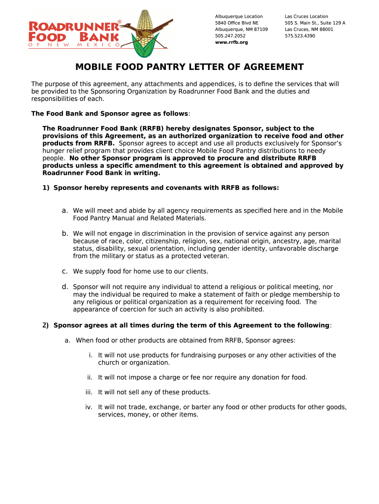 MOBILE FOOD PANTRY LETTER OF AGREEMENT Doc Template | pdfFiller