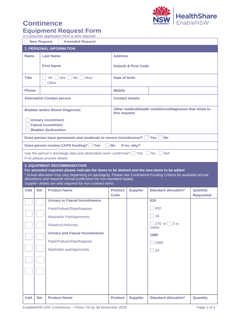 Continence Equipment Request Doc Template | pdfFiller