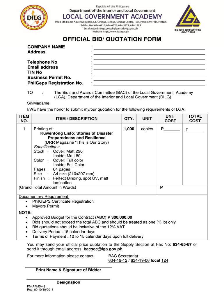Fillable Online OFFICIAL BID/ QUOTATION FORM - lga.gov.ph Fax Email ...