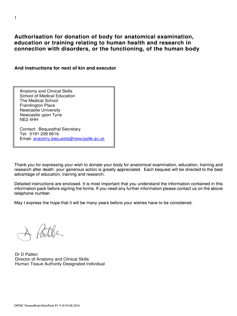 Fillable Online Authorisation for donation of body for anatomical ...