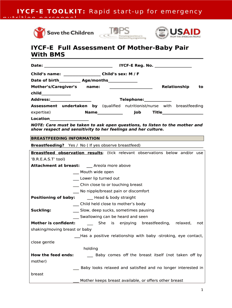 IYCF-EFull Assessment Of Mother-Baby Pair With BMS Doc Template | pdfFiller