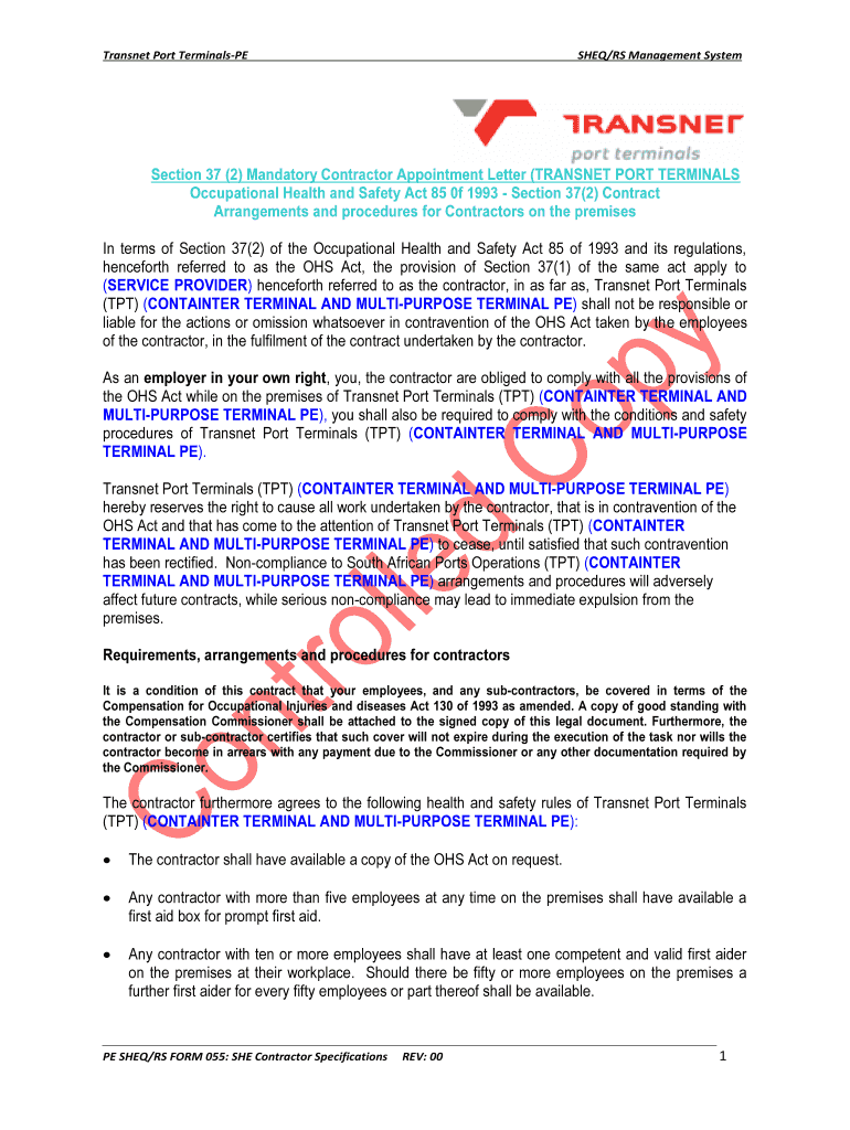 Fillable Online ANNEXURE G OHS ACT SECTION 37(2) CONTRACT ...