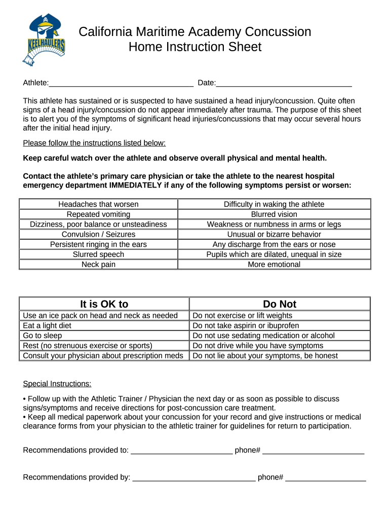 California Maritime Academy Concussion Home Instruction Sheet Doc ...
