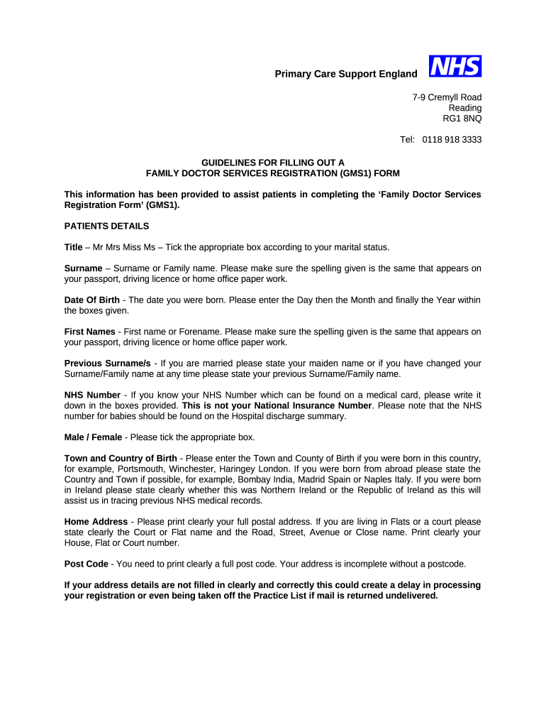 New GMS1 - Primary Care Support England Doc Template | pdfFiller