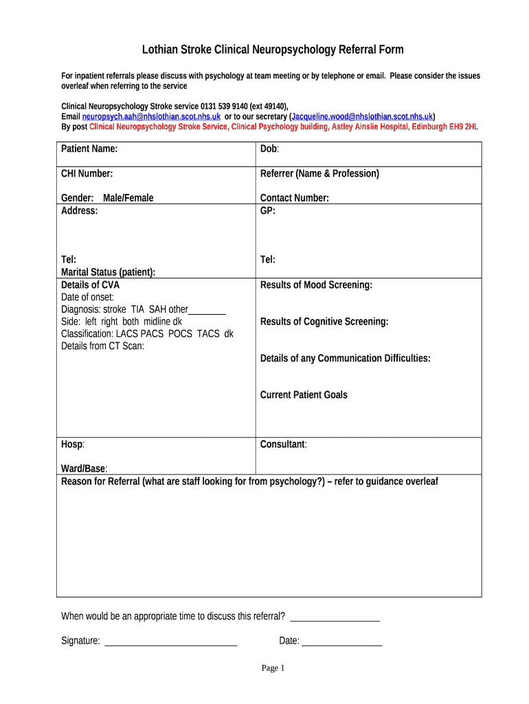 Clinical Neuropsychology Stroke Referral Doc Template | pdfFiller