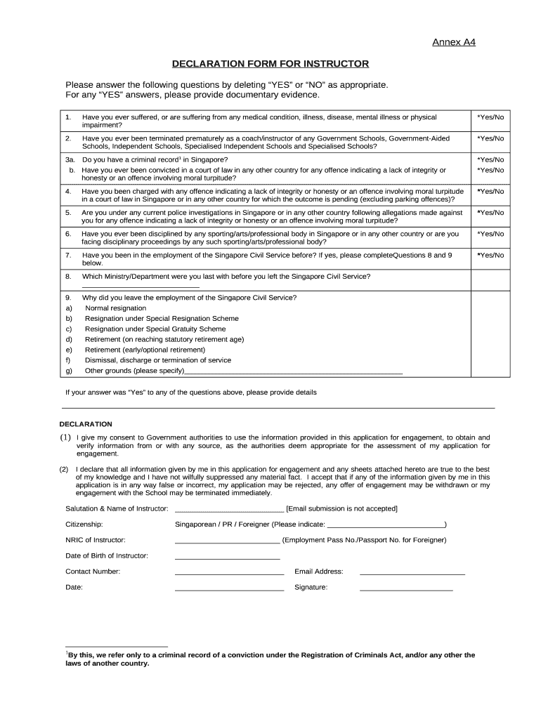 Annex A4 DECLARATION FOR INSTRUCTOR Please ... Doc Template | pdfFiller