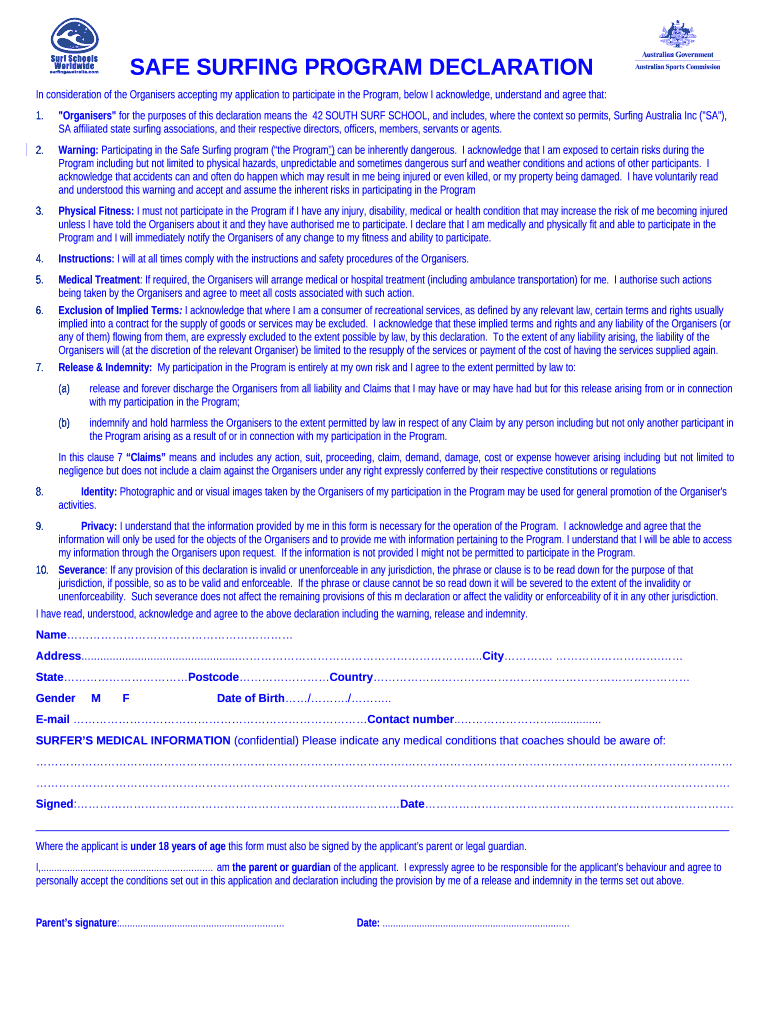 SAFE SURF PROGRAM WAIVER Doc Template | pdfFiller