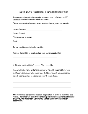 Fillable Online 2015-2016 Preschool Transportation Form Fax Email Print ...