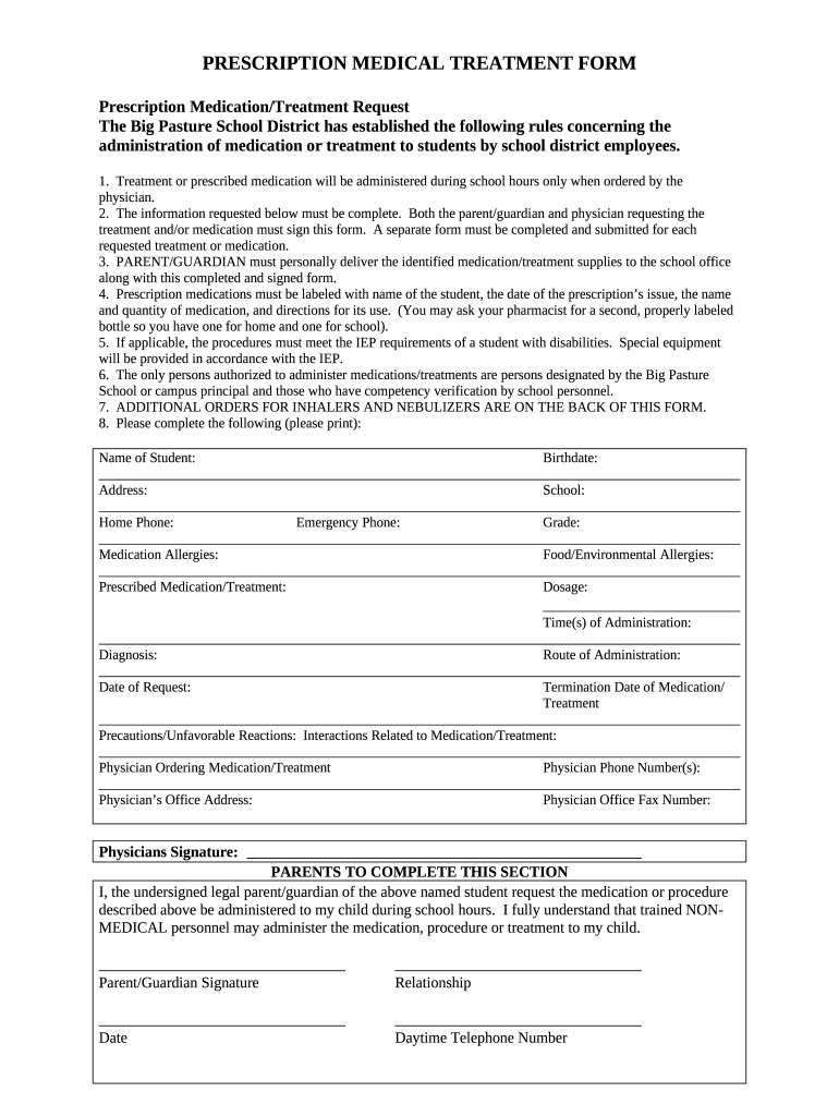 PRESCRIPTION MEDICAL TREATMENT Doc Template | pdfFiller