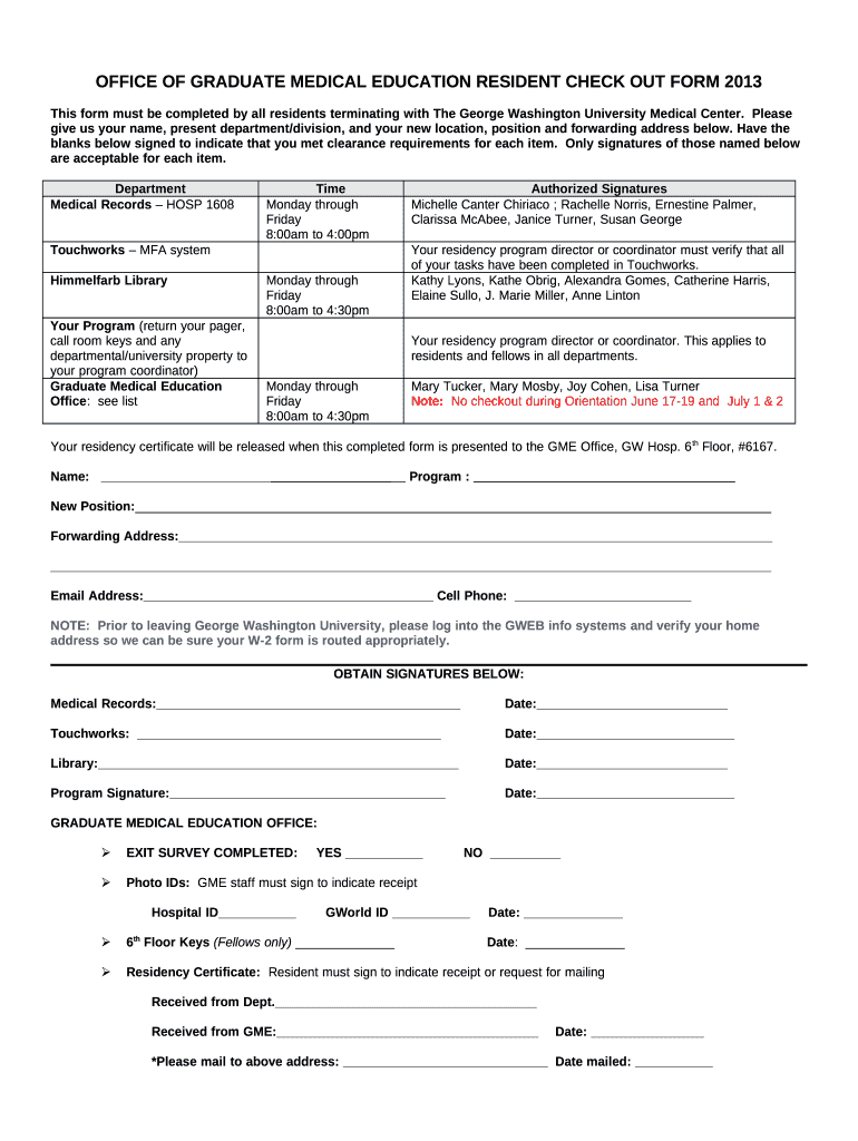 GWU MEDICAL CENTER RESIDENT CHECK OUT Doc Template | pdfFiller
