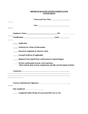 Minimum Qualification Verification Cover Sheet Doc Template | pdfFiller