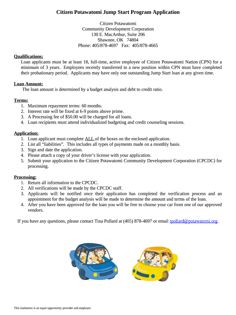 Citizen Potawatomi Jump Start Program Application Doc Template | pdfFiller