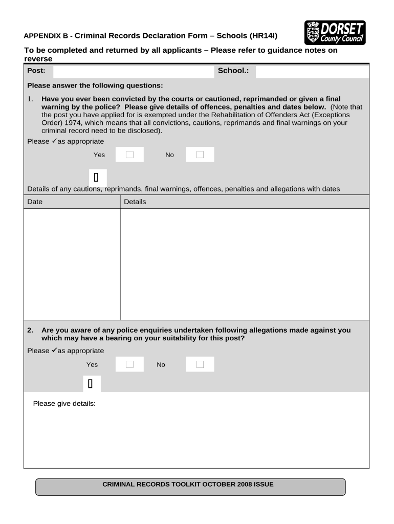 APPENDIX B - Criminal Records Declaration Schools (HR14I) Doc Template | pdfFiller