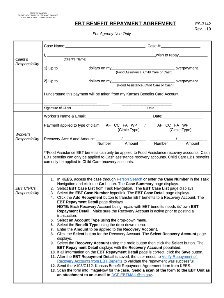 EBT BENEFIT REPAYMENT AGREEMENT - Kansas ... Doc Template | pdfFiller