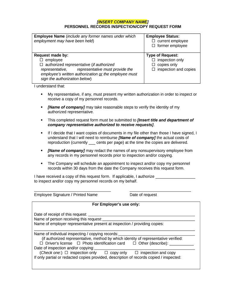 PERSONNEL RECORDS INSPECTION/COPY REQUEST Doc Template | pdfFiller