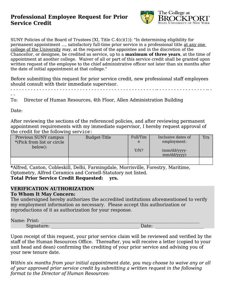 Academic Employee Request for Prior Service Credit Doc Template | pdfFiller