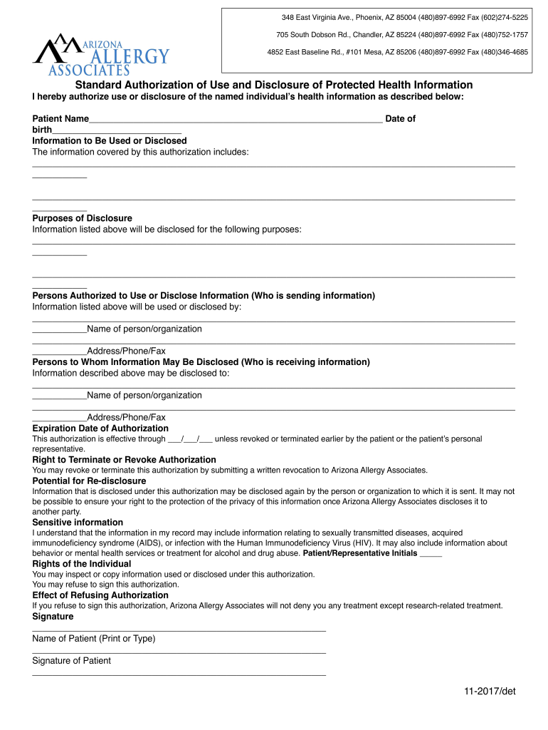 Fillable Online Standard Authorization of Use and Disclosure of Protected Health Information (1 ...