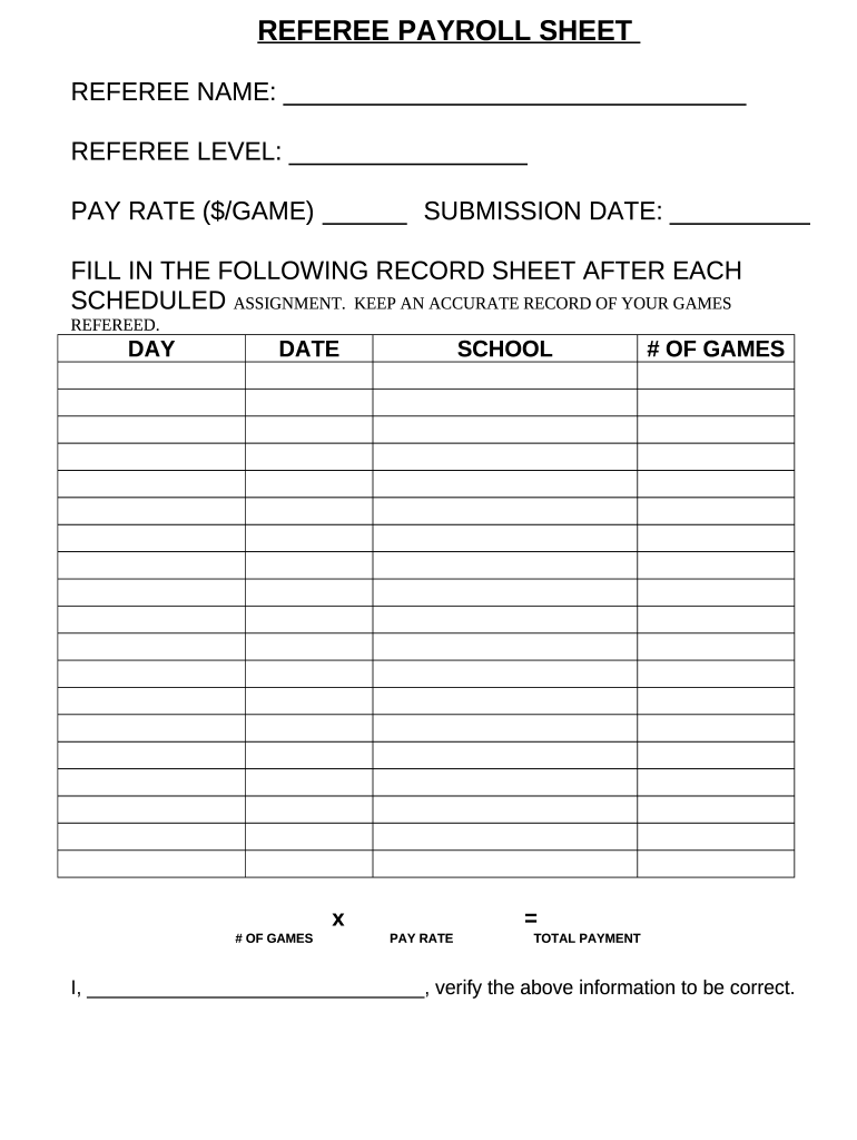 REFEREE PAYROLL SHEET Doc Template | pdfFiller