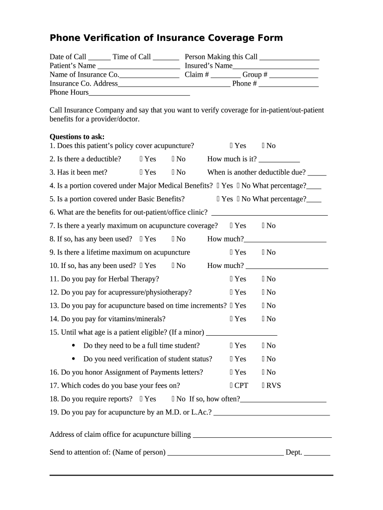 Phone Verification of Insurance Coverage Doc Template | pdfFiller