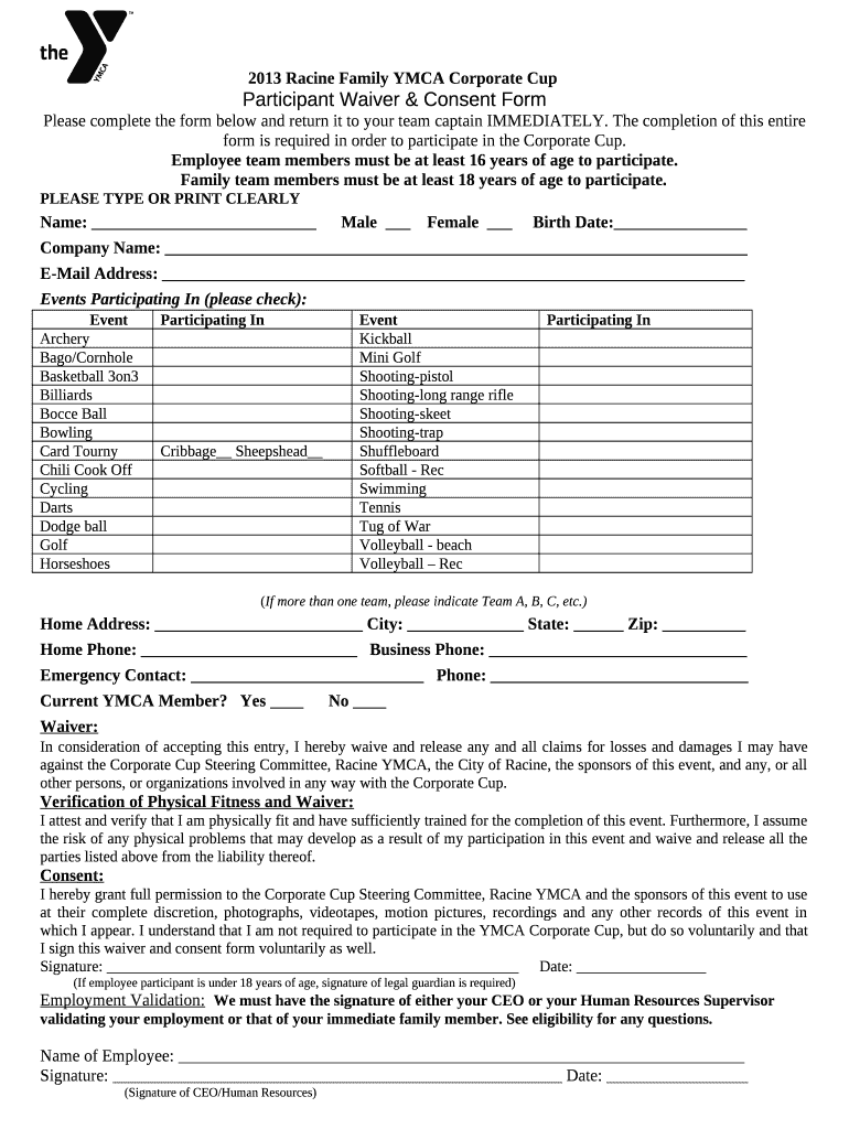 Participant Waiver & Consent - Racine Family YMCA Doc Template | pdfFiller
