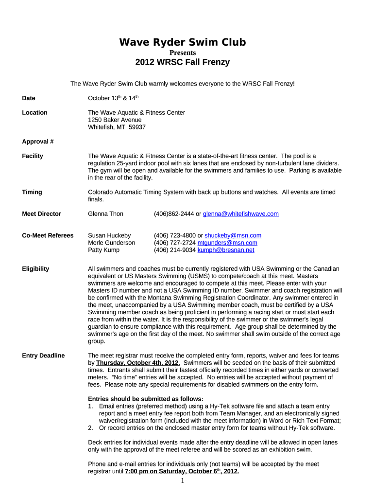 The Wave Ryder Swim Club warmly welcomes everyone to the WRSC Fall ...