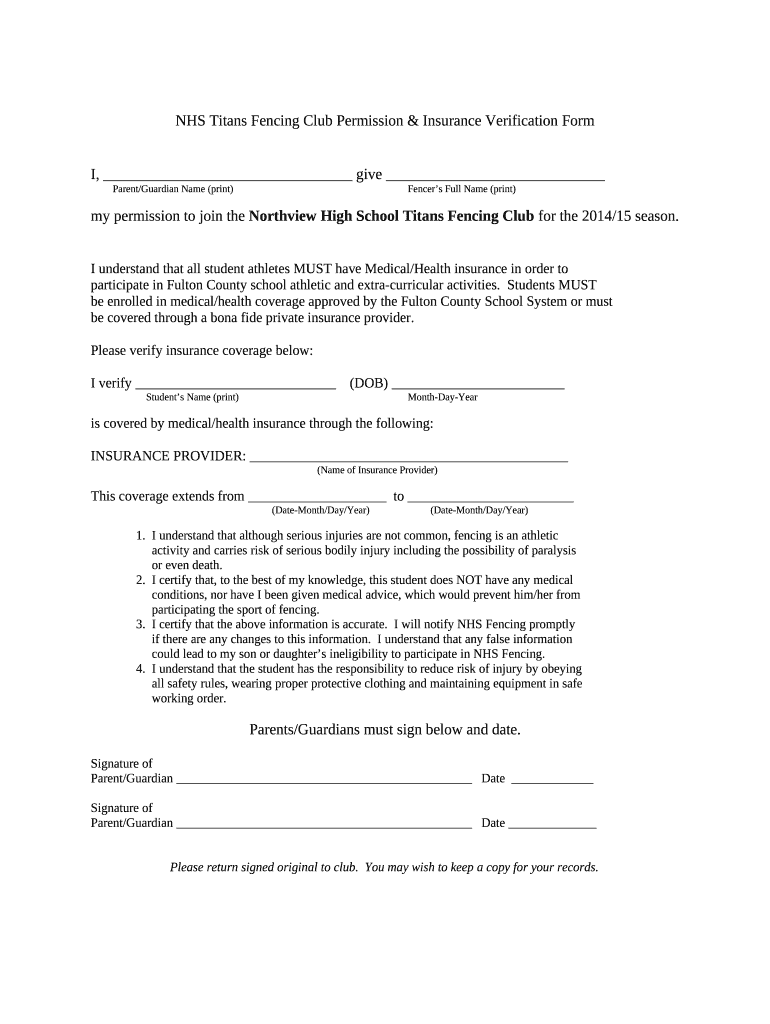 NHS Titans Fencing Club Permission & Insurance Verification Doc Template | pdfFiller