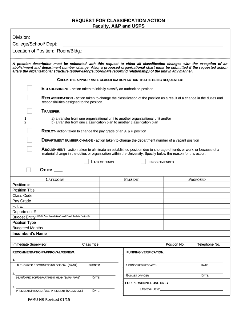 REQUEST FOR CLASSIFICATION ACTION Faculty, A&P and ... Doc Template ...