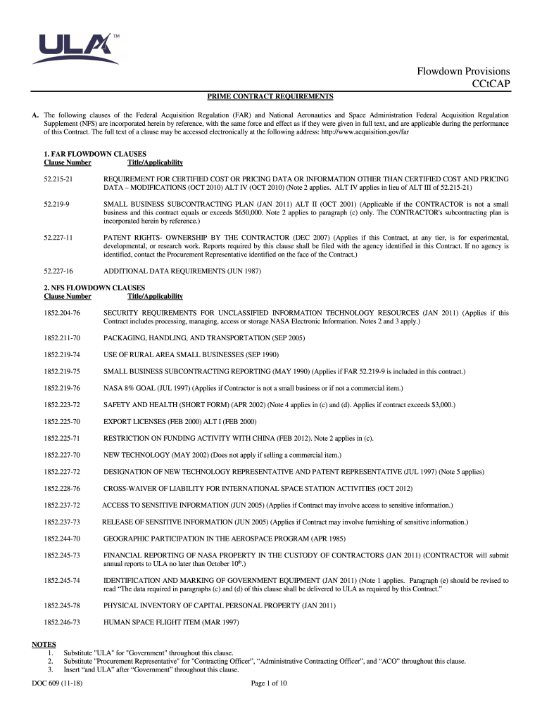 Fillable Online PRIME CONTRACT REQUIREMENTS A. 1. FAR FLOWDOWN CLAUSES ...