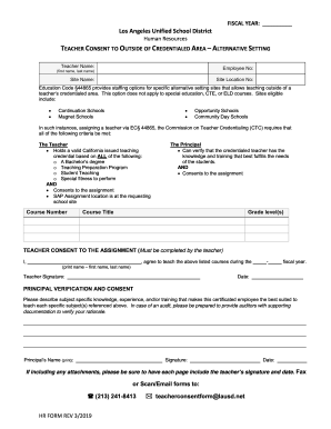 Fillable Online Teacher Consent Form to Teach Outside of Credentialed ...