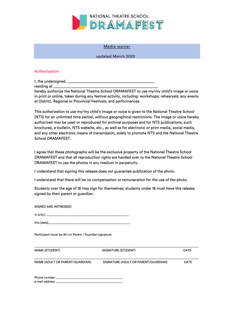 Fillable Online hereby authorize the National Theatre School DRAMAFEST ...